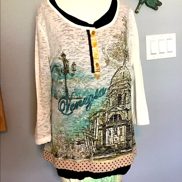 Onque Casuals | Tops | Colorful Top With Rhinestones And Venezia On It ...